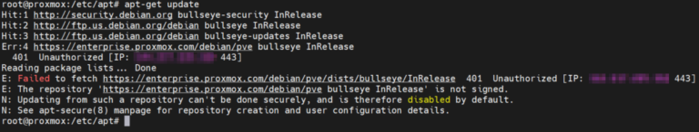Proxmox VE apt-get update error E: Failed to fetch https://enterprise.proxmox.com/debian/pve ...